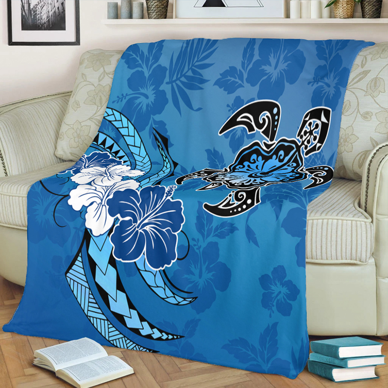 Hawaii Premium Blanket Hibiscus Flower And Sea Turtle Polynesian