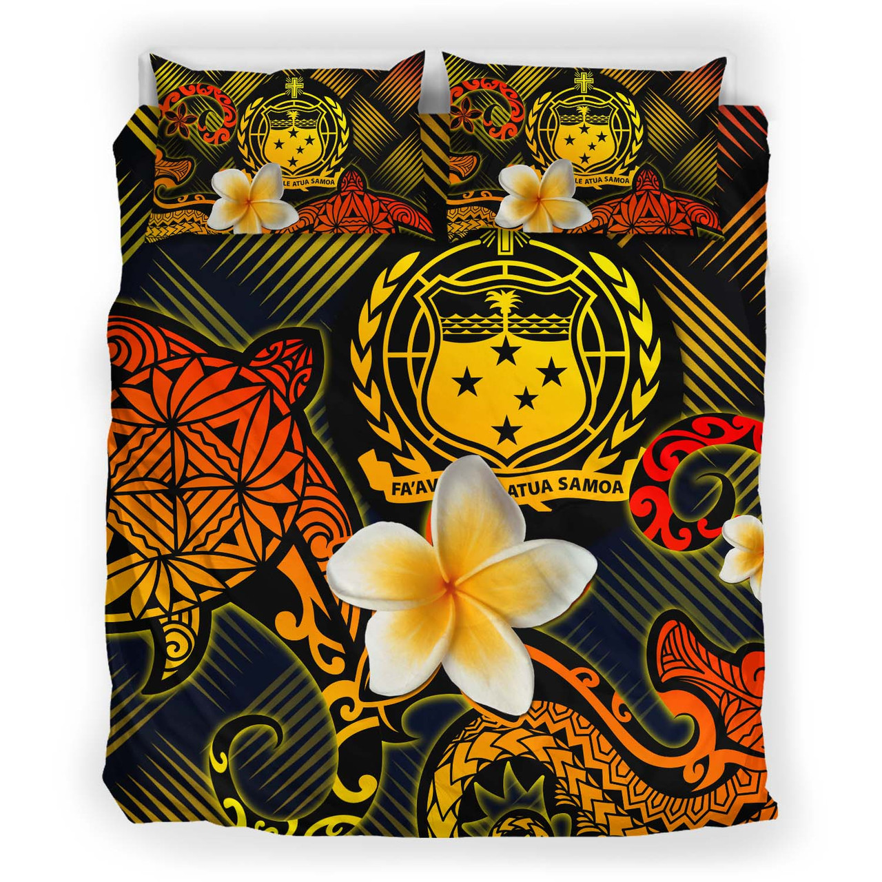 Samoa Polynesian Bedding Set Lauhala Turtle Plumeria Tropical