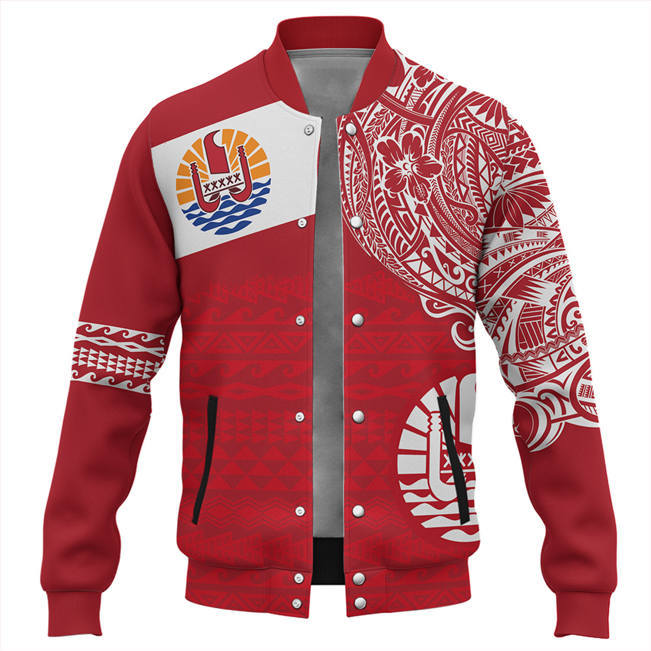 Polynesian Baseball Jacket French Polynesia Flag With Coat Of Arms