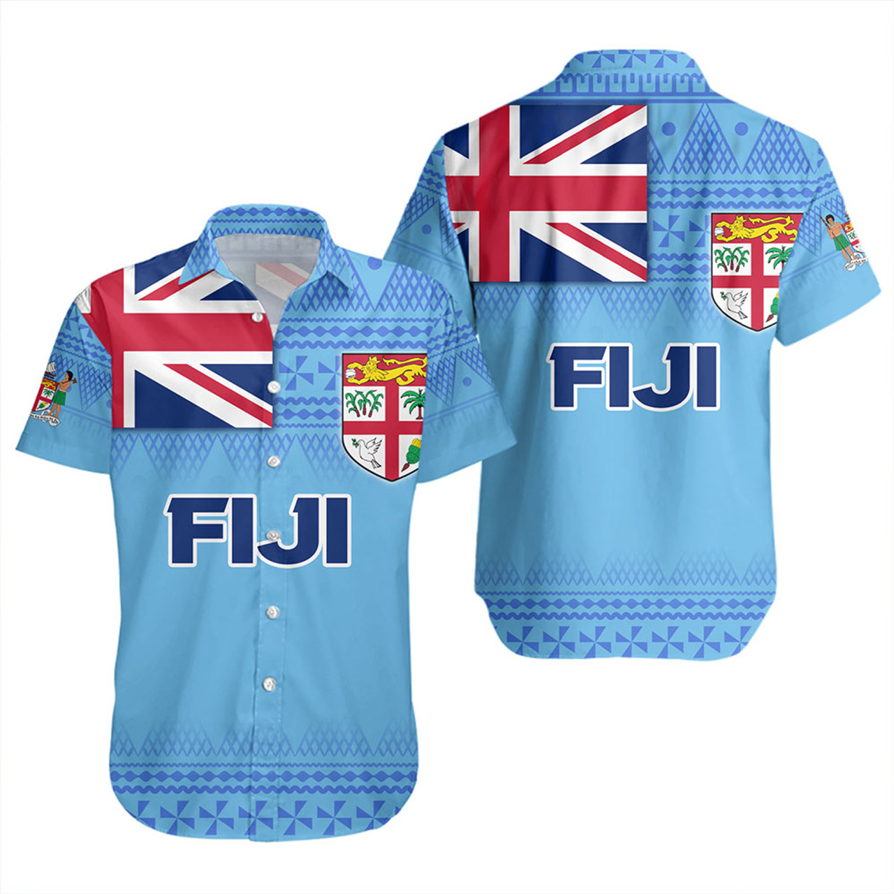 Fiji Short Sleeve Shirt Flag Color With Traditional Patterns