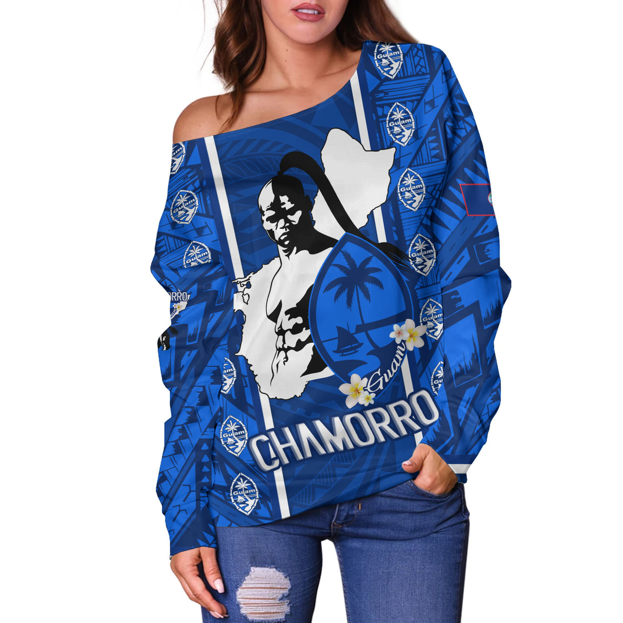 Guam Custom Personalised Off Shoulder Sweatshirt Chamorro Warrior