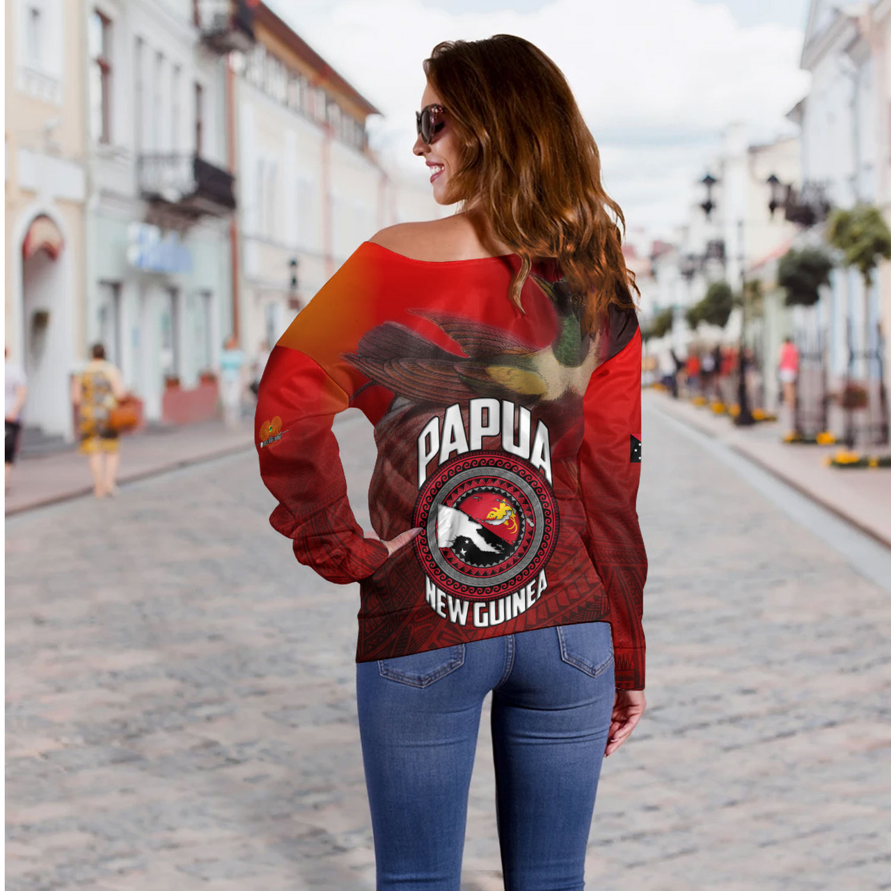 Papua New Guinea Off Shoulder Sweatshirt Paradisaea Bird Traditional