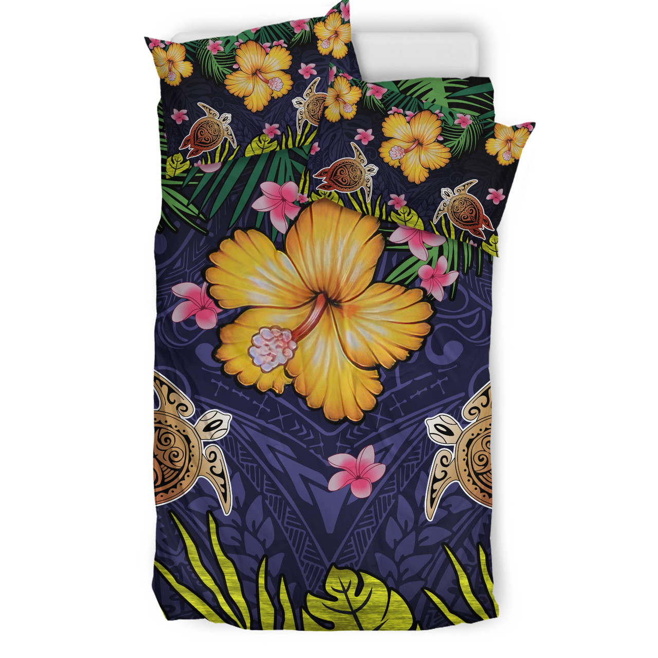Hawaii Bedding Set Polynesian Patterns Turtle Couple Hibiscus Plumeria
