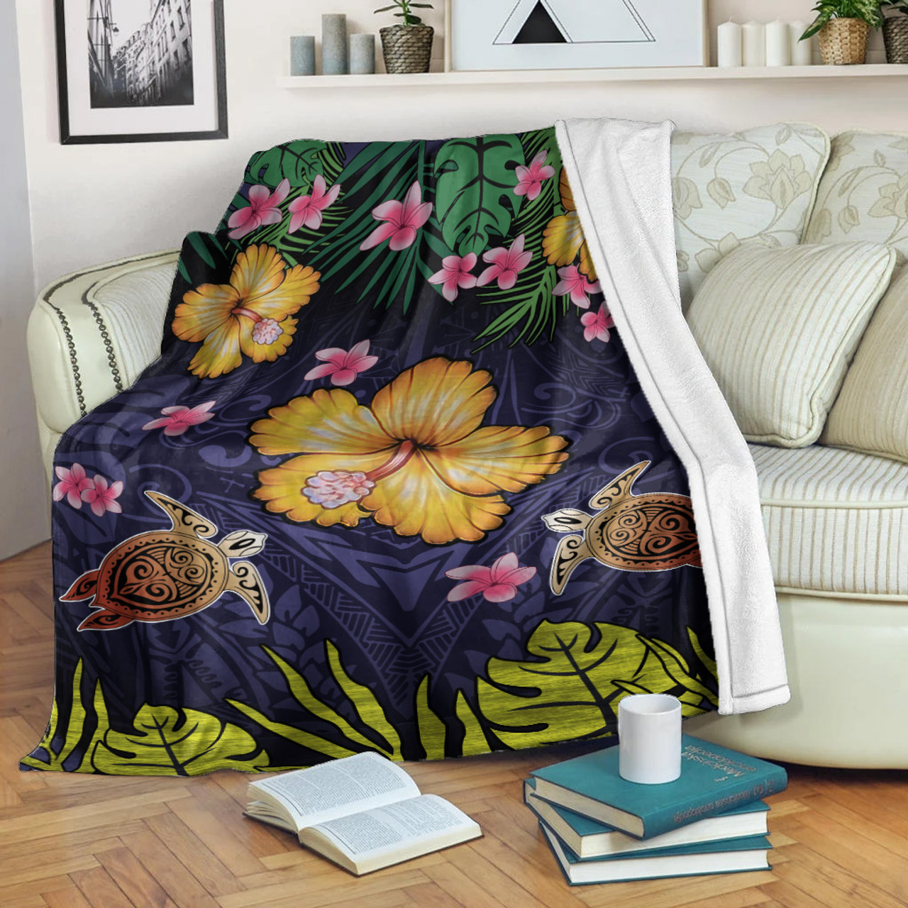Hawaii Premium Blanket Polynesian Patterns Turtle Couple Hibiscus