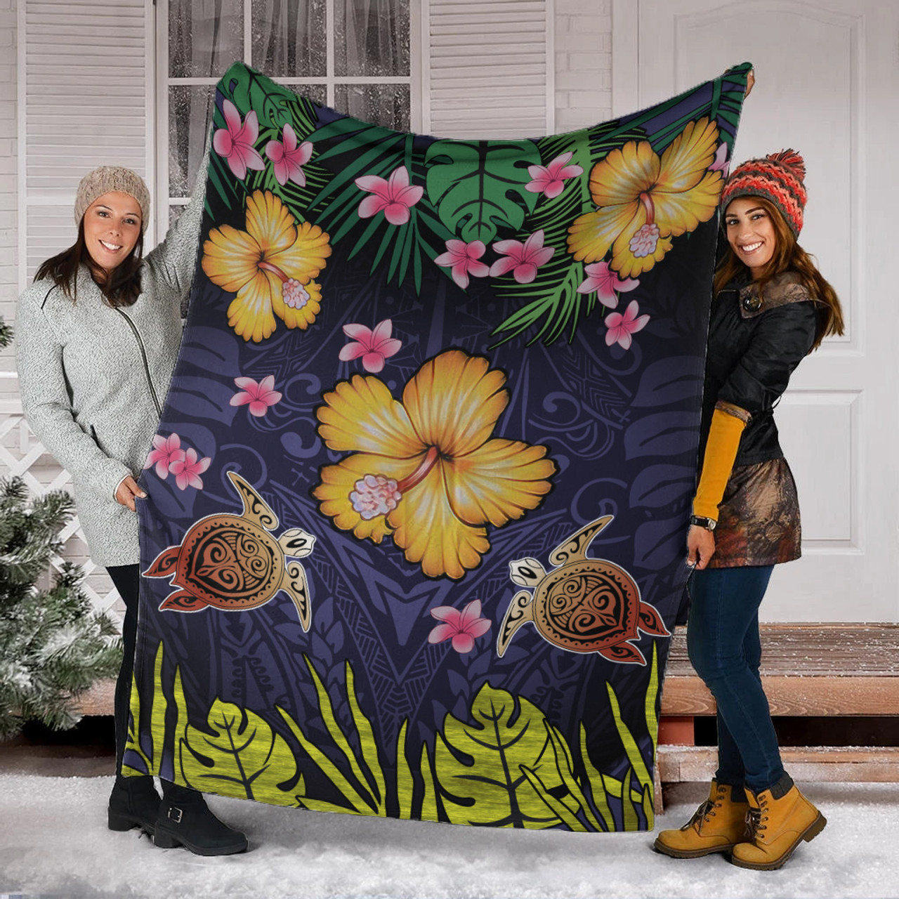 Hawaii Premium Blanket Polynesian Patterns Turtle Couple Hibiscus