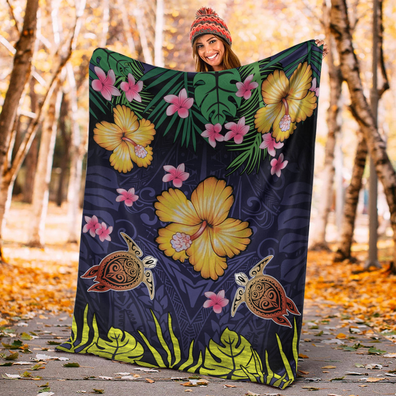 Hawaii Premium Blanket Polynesian Patterns Turtle Couple Hibiscus
