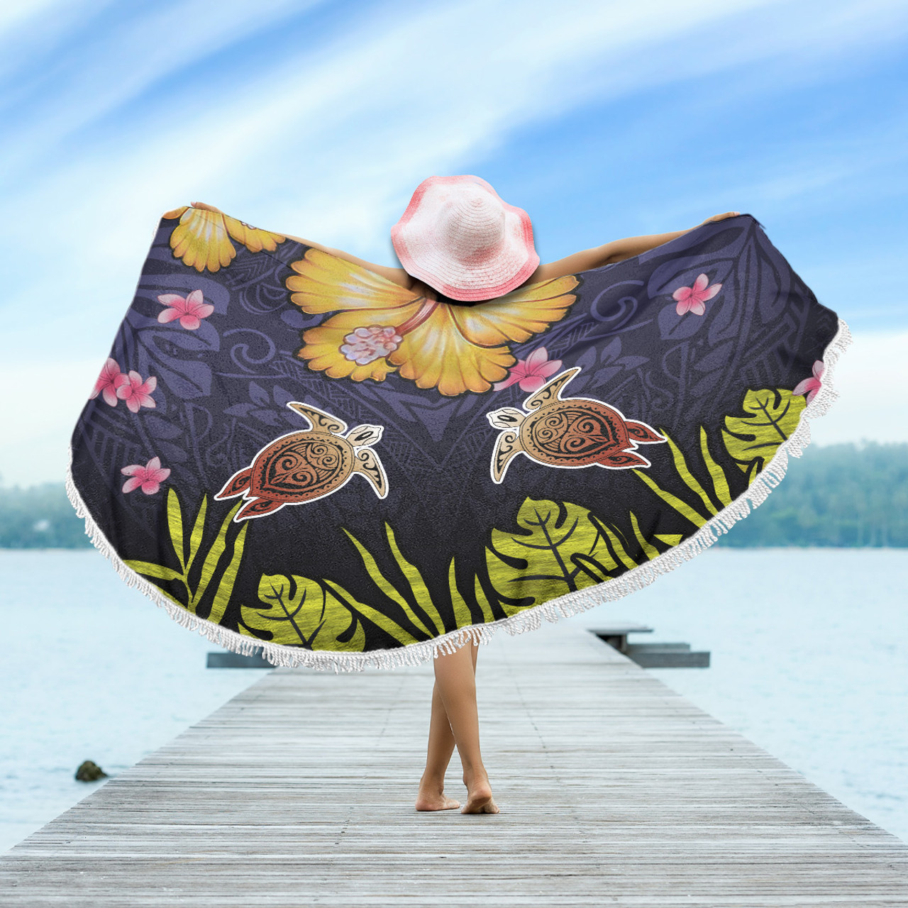 Hawaii Beach Blanket Polynesian Patterns Turtle Couple Hibiscus