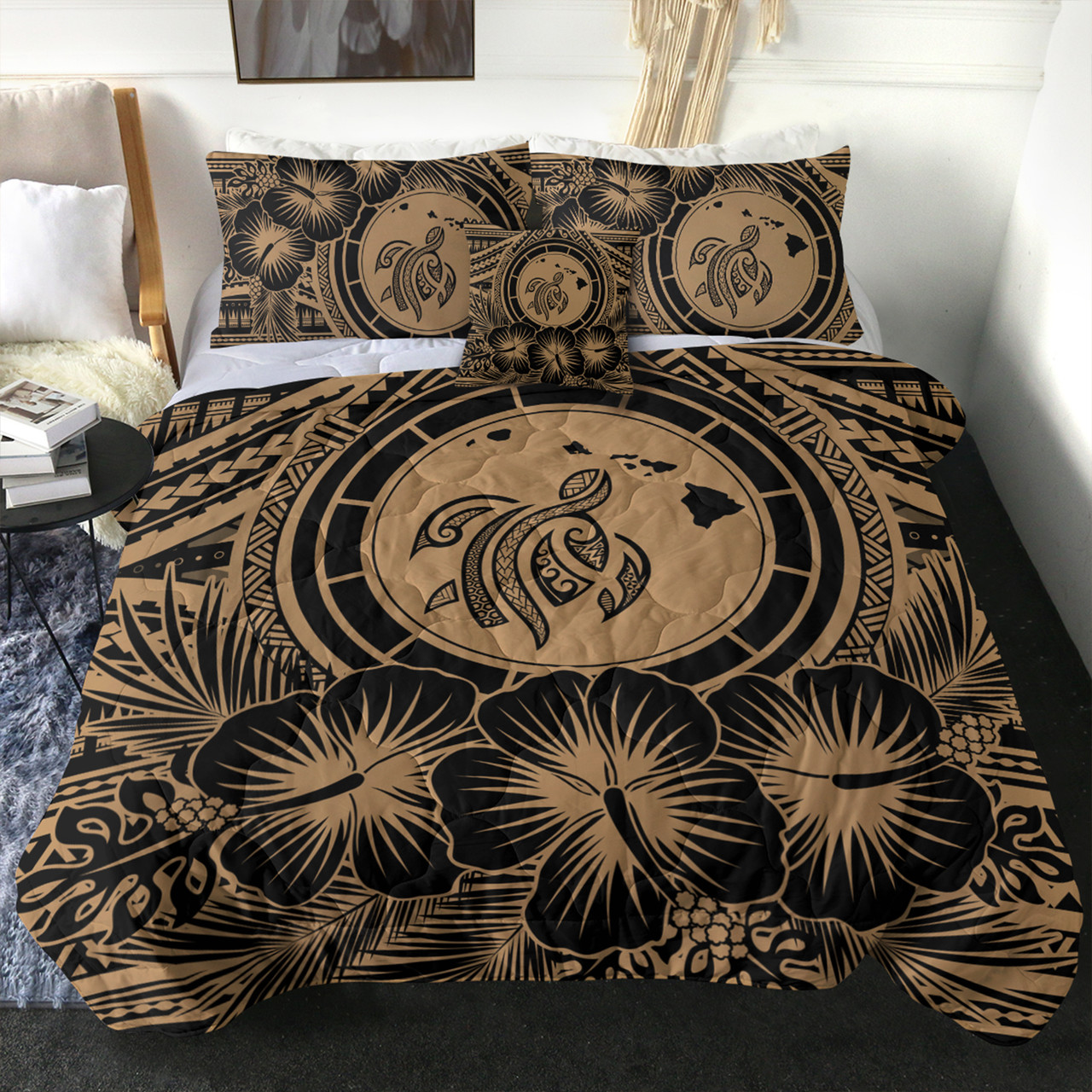 Hawaii Comforter Map Honu Hibiscus Polynesian Gold Polynesianco