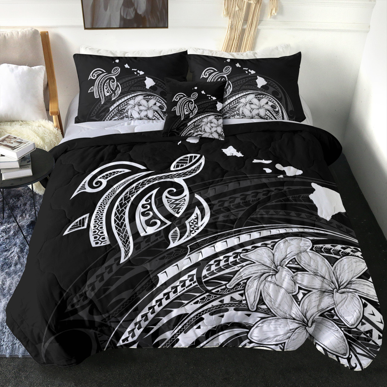 Hawaii Comforter Turtle Polynesian Map Plumeria White Polynesianco