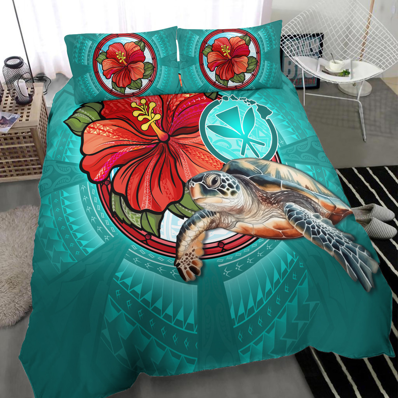 Hawaii Bedding Set Hawaiian Map Turtle Hibiscus Flowers Polynesian