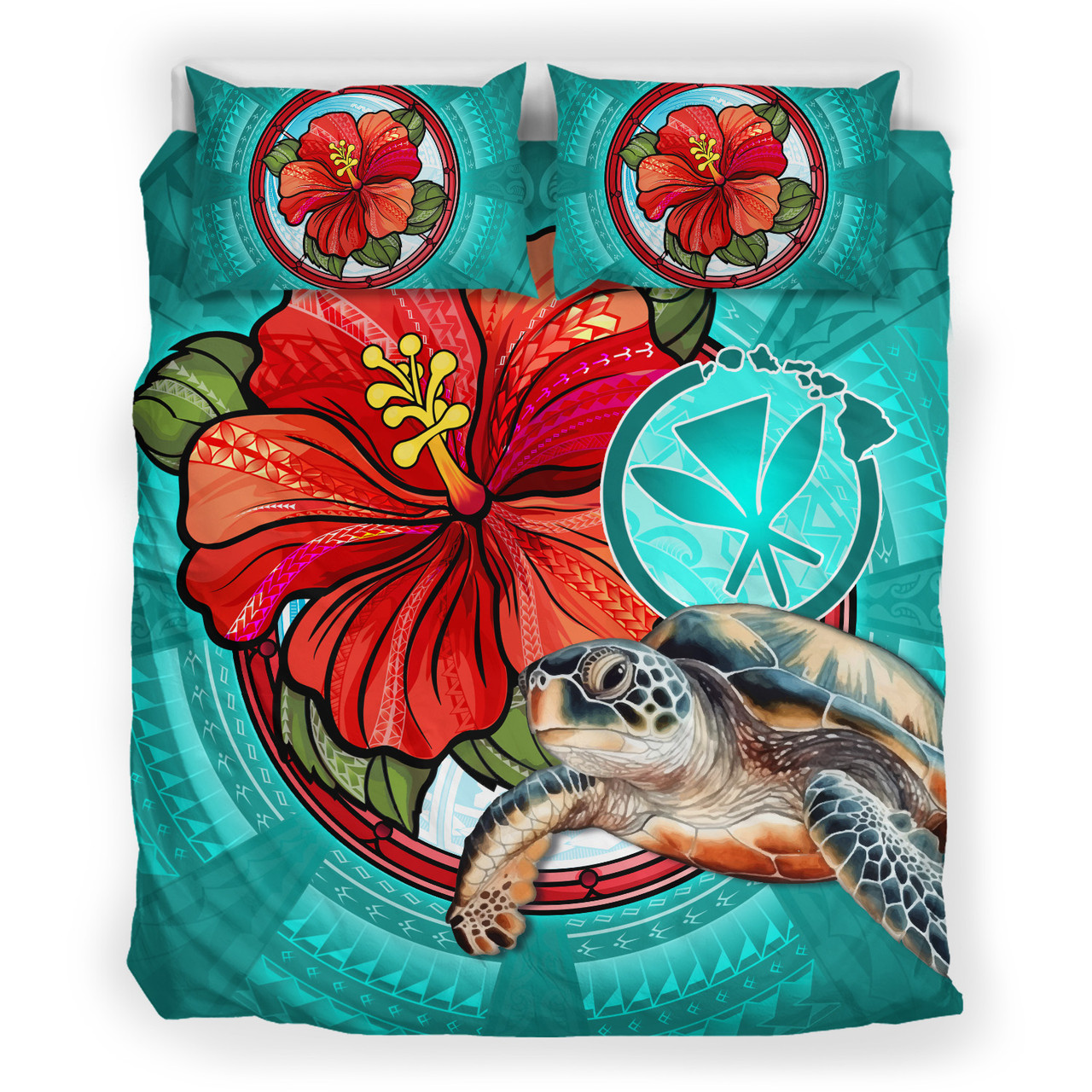 Hawaii Bedding Set Hawaiian Map Turtle Hibiscus Flowers Polynesian