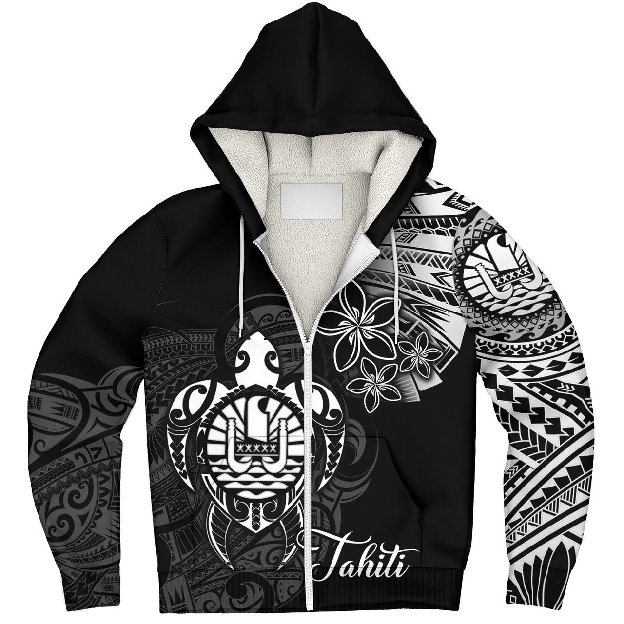 French Polynesia Custom Personalised Sherpa Hoodie Seal Turtle Plumeria