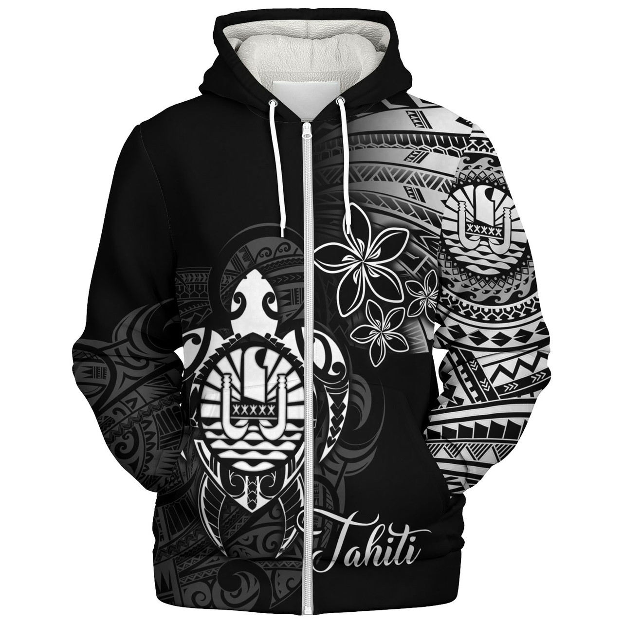 French Polynesia Custom Personalised Sherpa Hoodie Seal Turtle Plumeria
