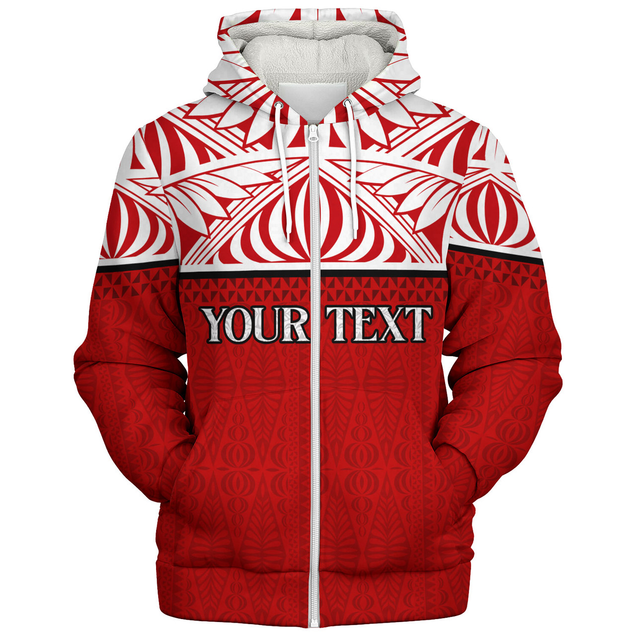 Tonga Custom Personalised Sherpa Hoodie Coat Of Arms Ngatu Patterns Design