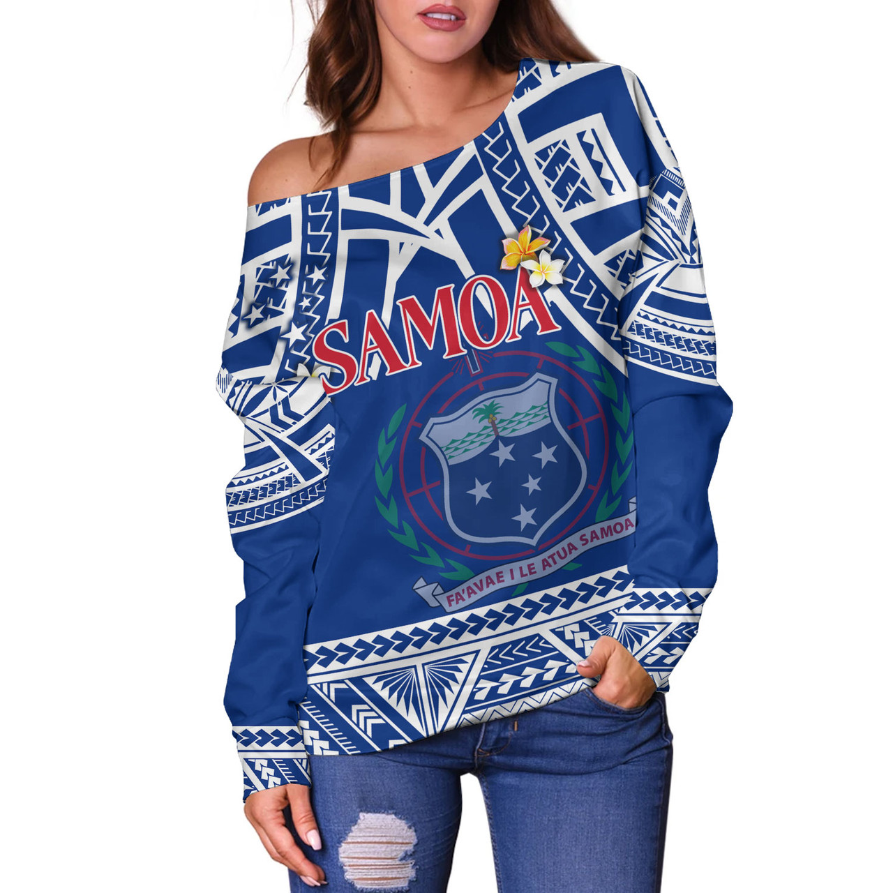 Samoa Custom Personalised Off Shoulder Sweatshirt Polynesian Plumeria