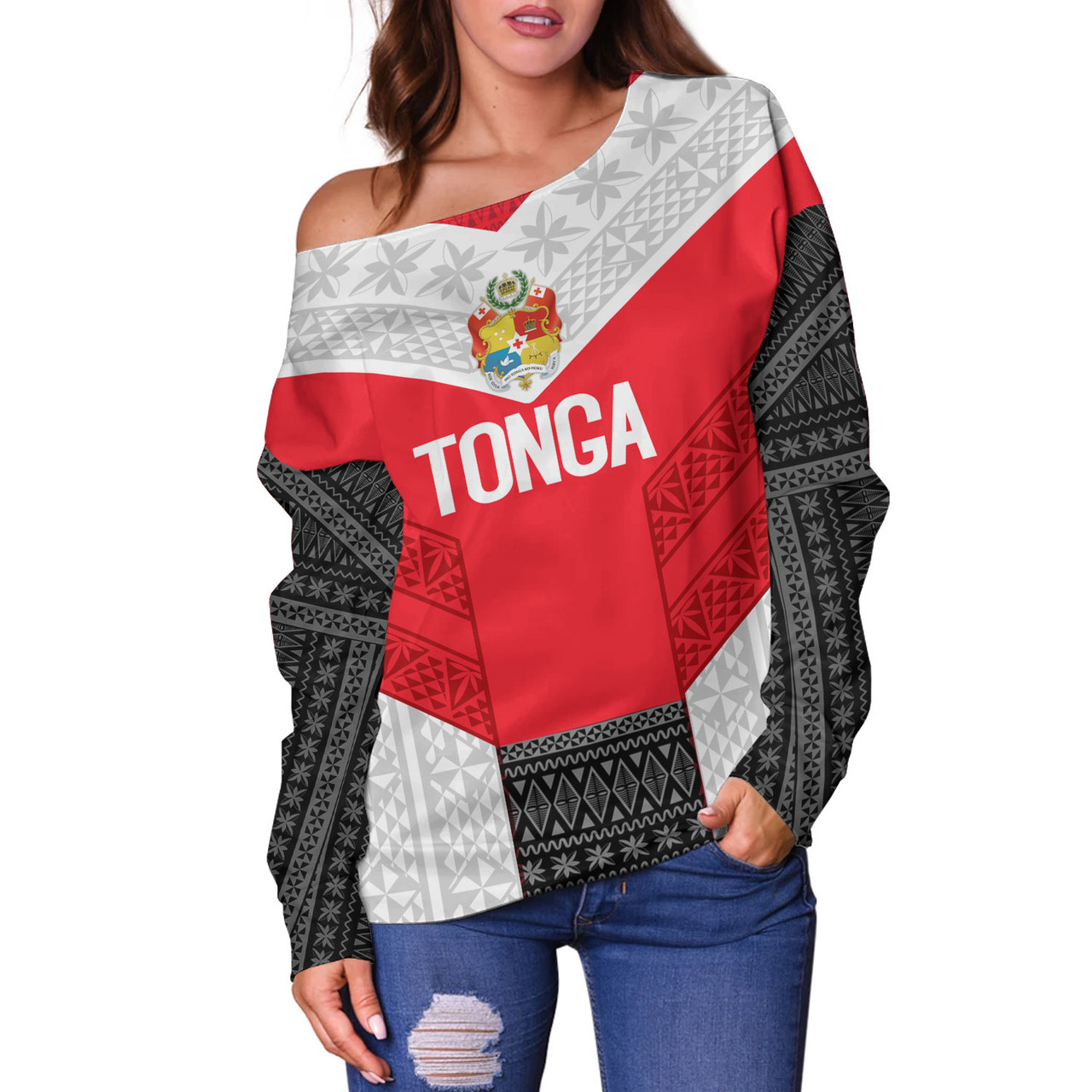 Tonga Custom Personalised Off Shoulder Sweatshirt Mate Maa Tonga Ngatu