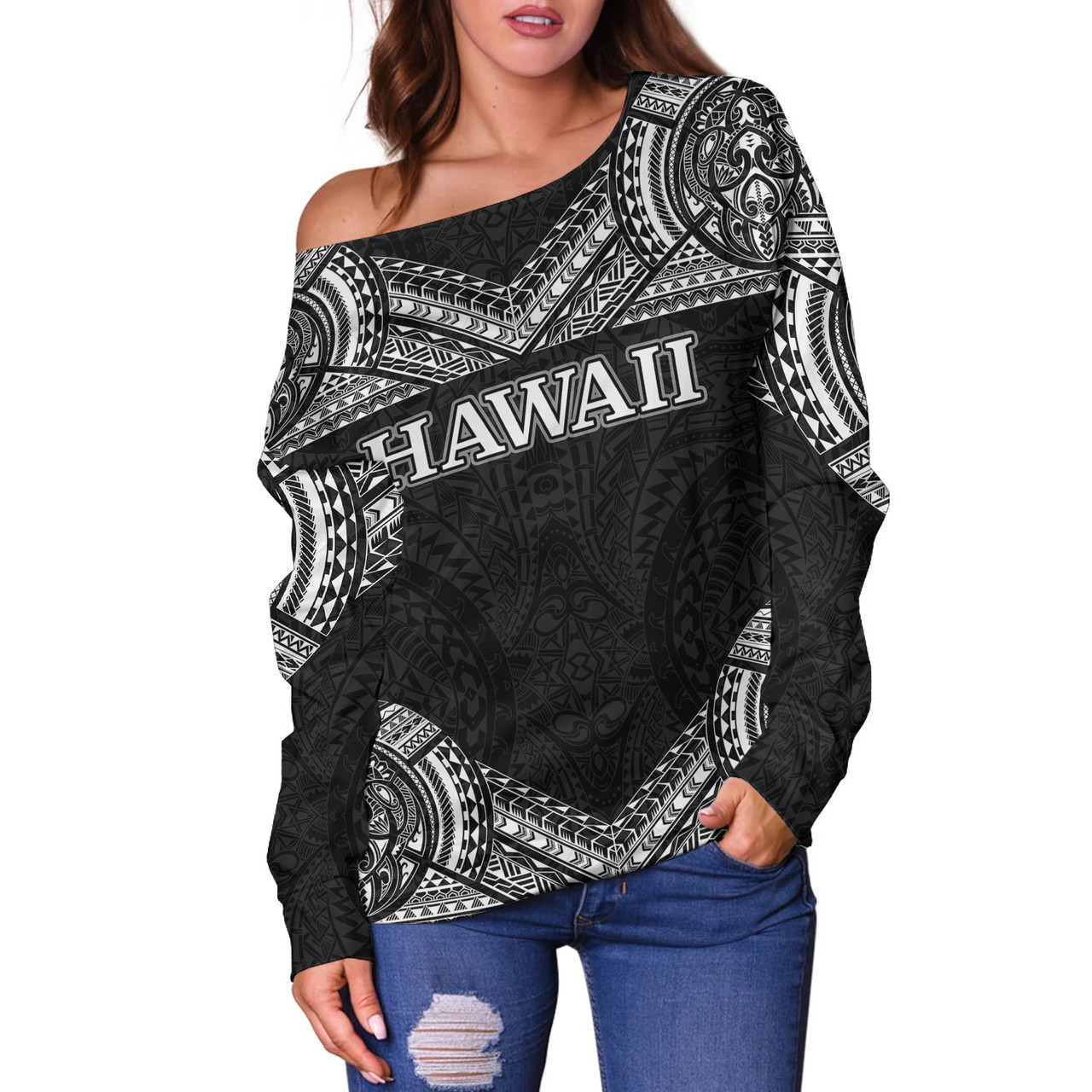 Hawaii Custom Personalised Off Shoulder Sweatshirt Turtle Polynesian