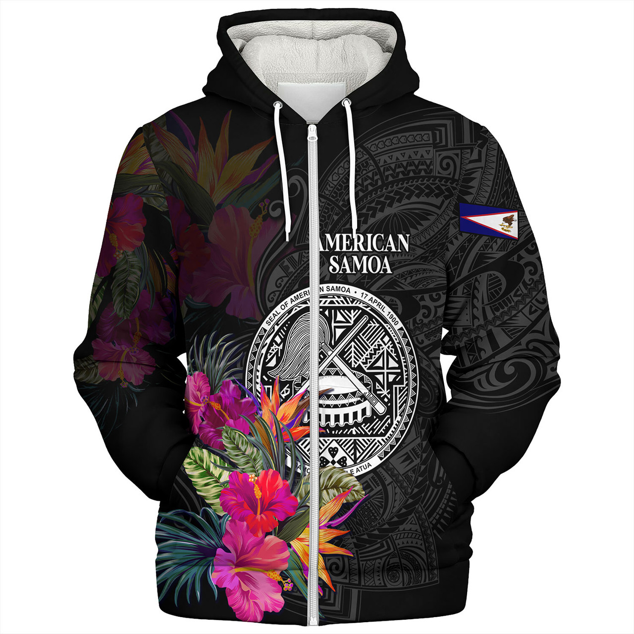 American Samoa Sherpa Hoodie Custom Polynesian Pattern Tropical Floral