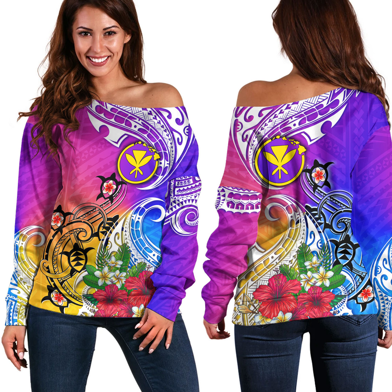 Hawaii Off Shoulder Sweatshirt Turtle Polynesian Tribal Tropical Flowers