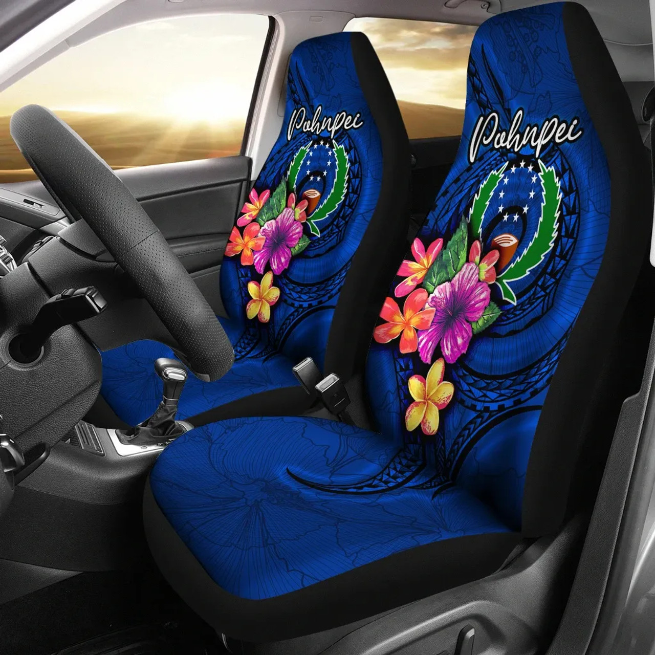 Pohnpei Micronesia Car Seat Covers Floral With Seal Blue
