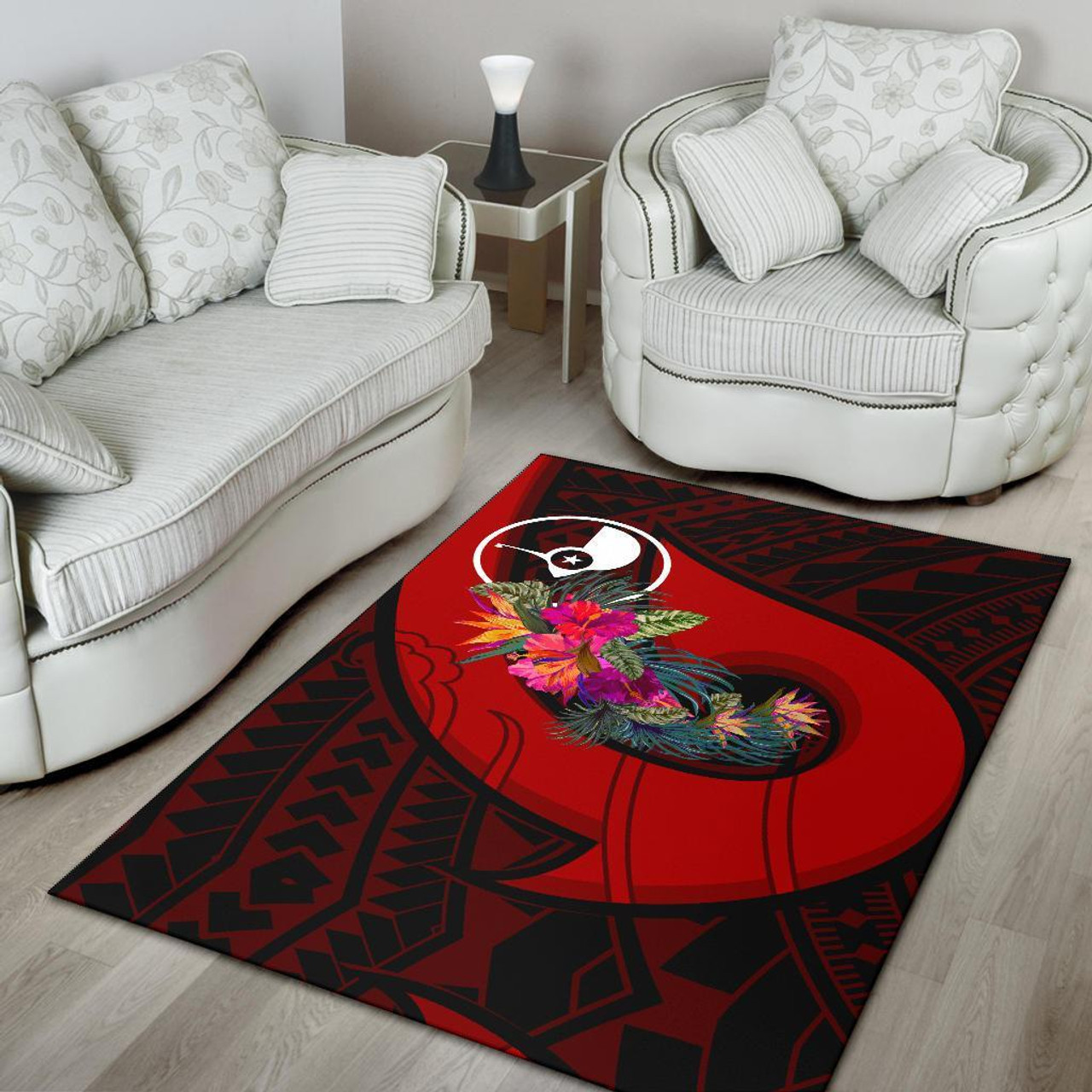 Yap Area Rug Polynesian Hook And Hibiscus Red