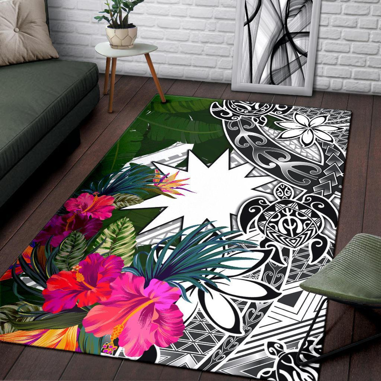 Nauru Area Rug White Turtle Plumeria Banana Leaf