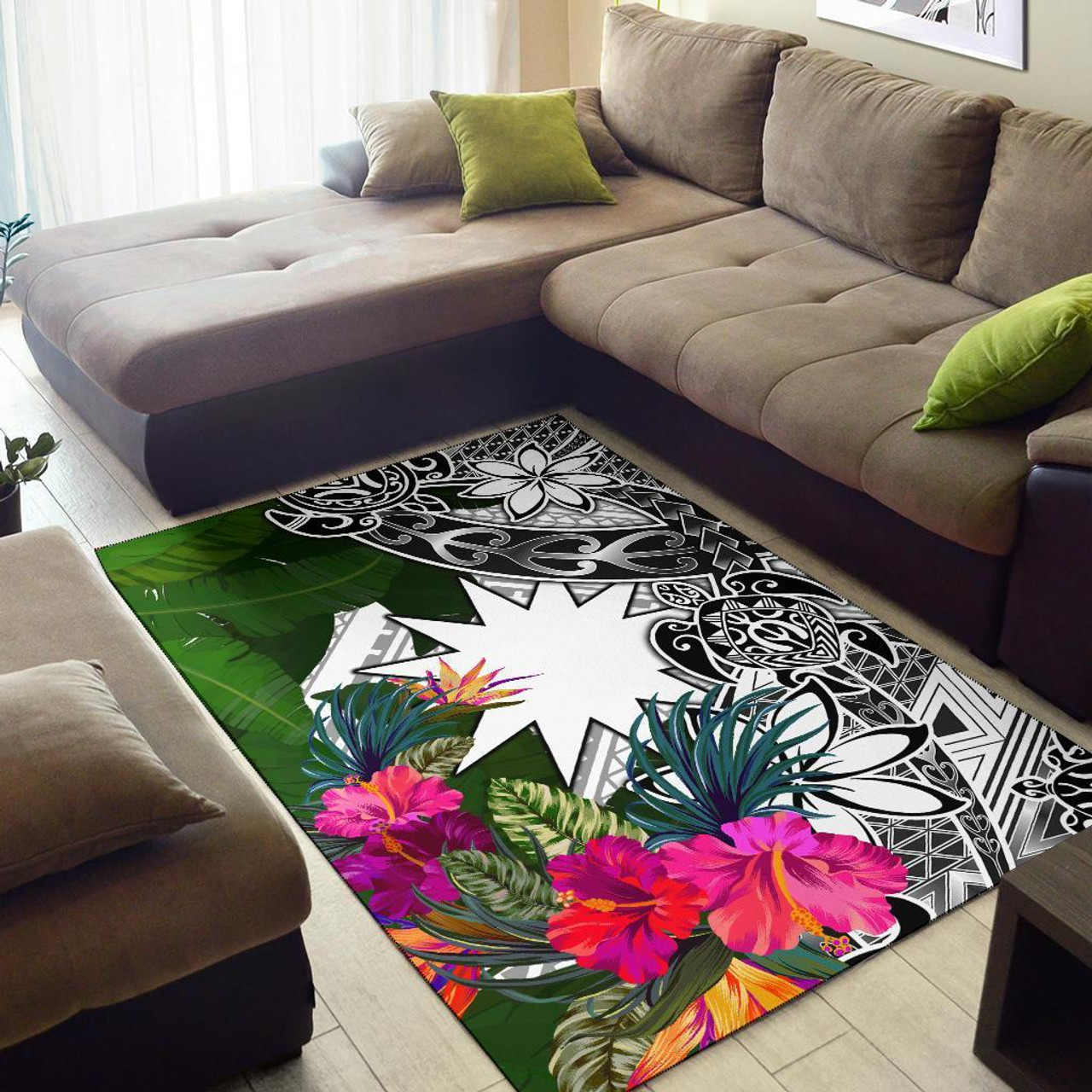Nauru Area Rug White Turtle Plumeria Banana Leaf