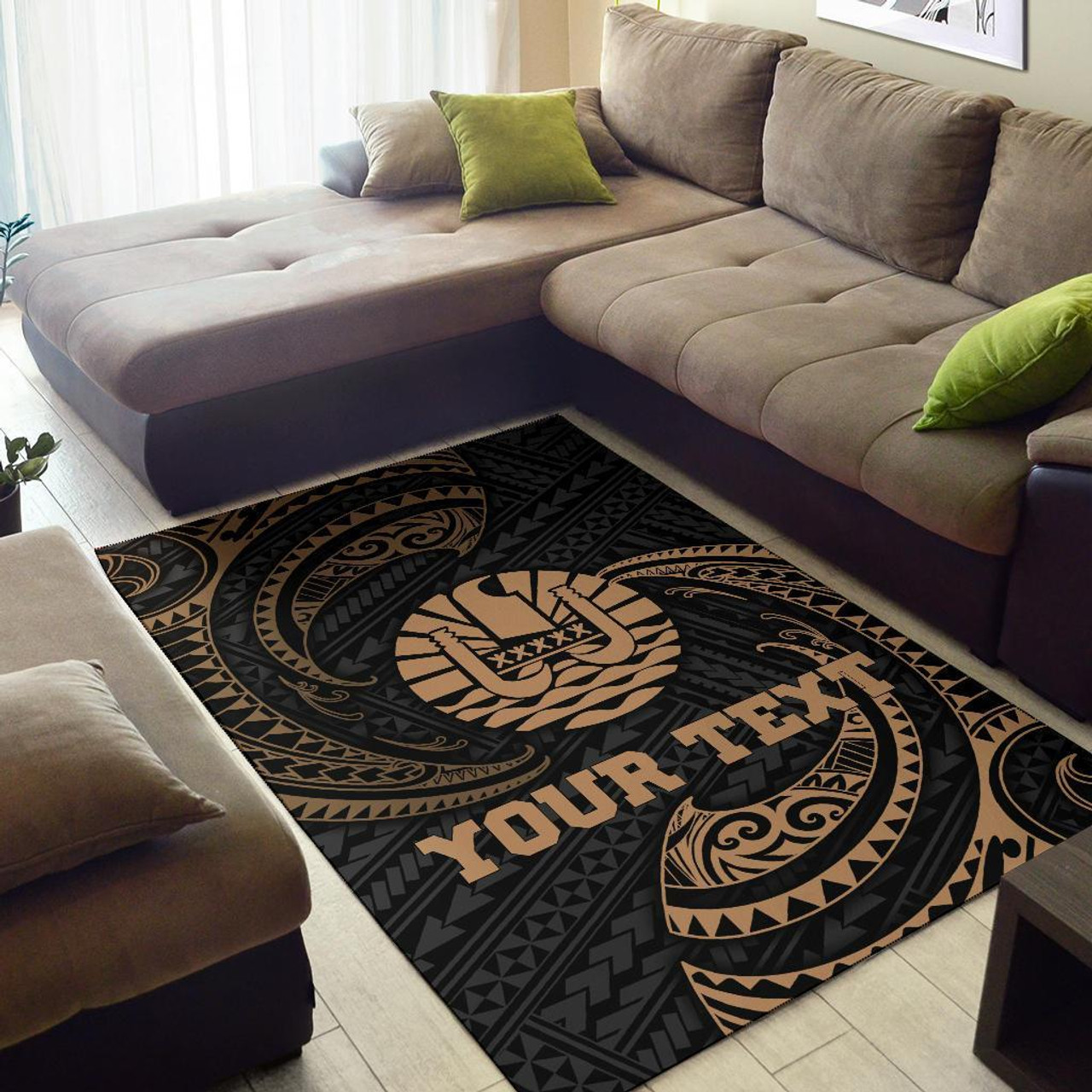 Tahiti Polynesian Custom Personalised Area Rug Gold Tribal Wave