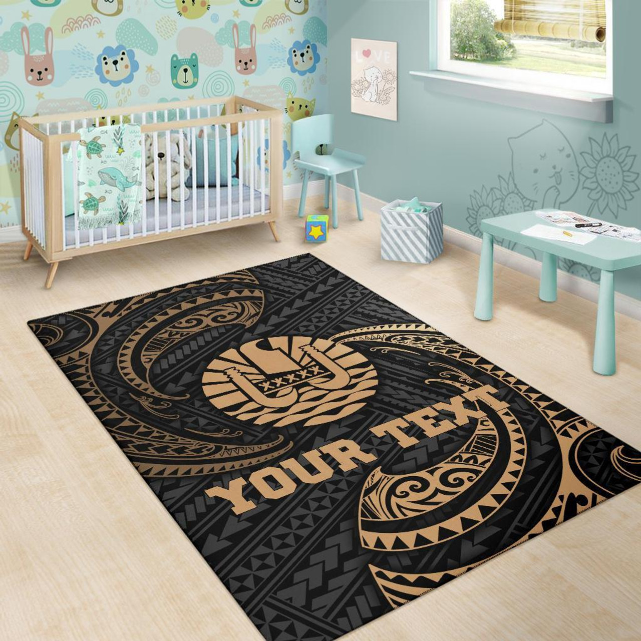 Tahiti Polynesian Custom Personalised Area Rug Gold Tribal Wave
