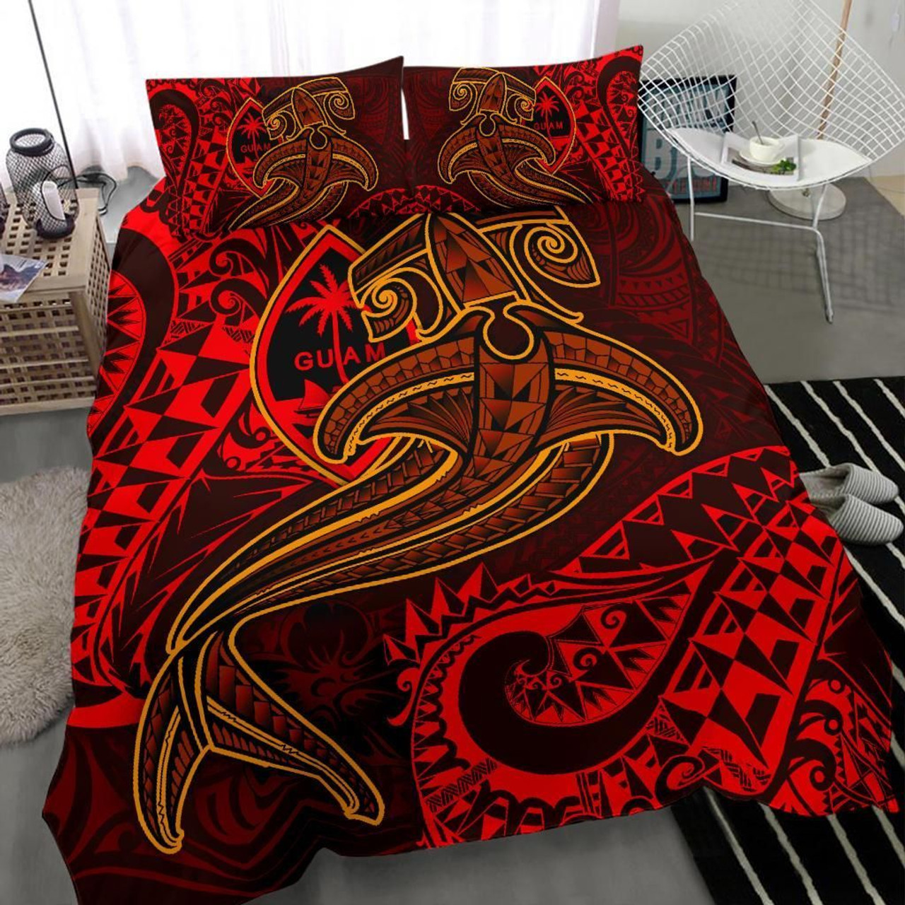 Guam Polynesian Bedding Set Red Shark Polynesian Tattoo