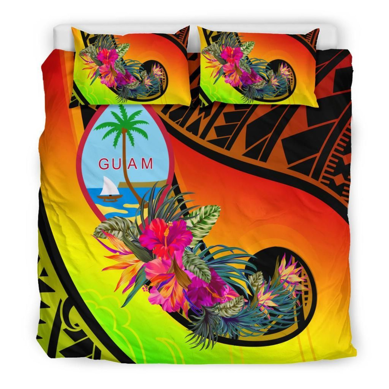 Guam Bedding Set Polynesian Hook And Hibiscus Raggae