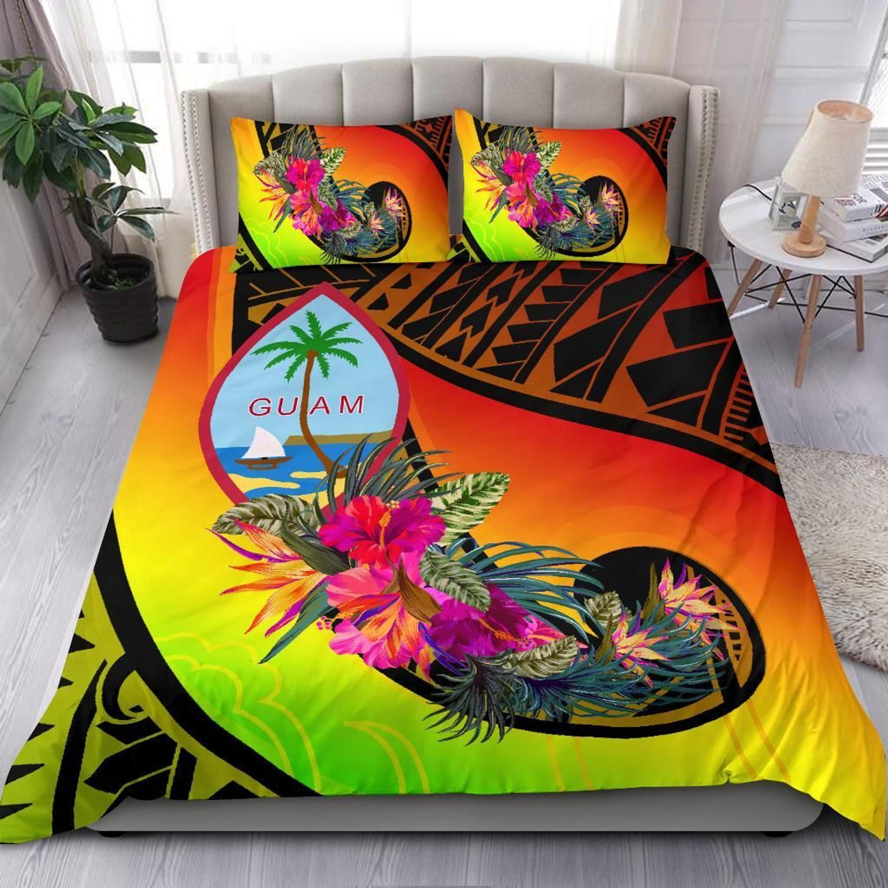 Guam Bedding Set Polynesian Hook And Hibiscus Raggae