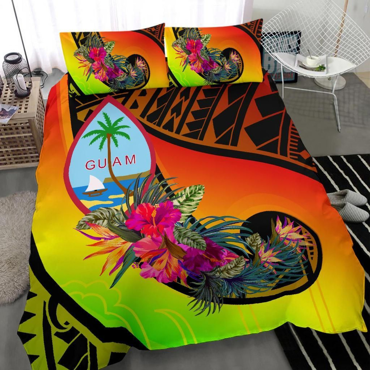 Guam Bedding Set Polynesian Hook And Hibiscus Raggae