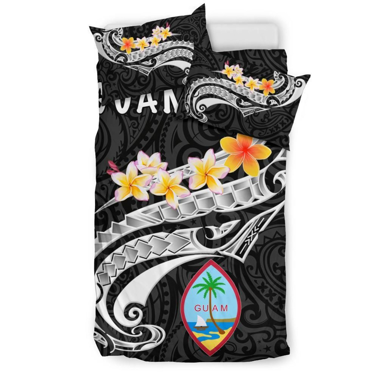Guam Bedding Set Guam Seal Polynesian Patterns Plumeria Black