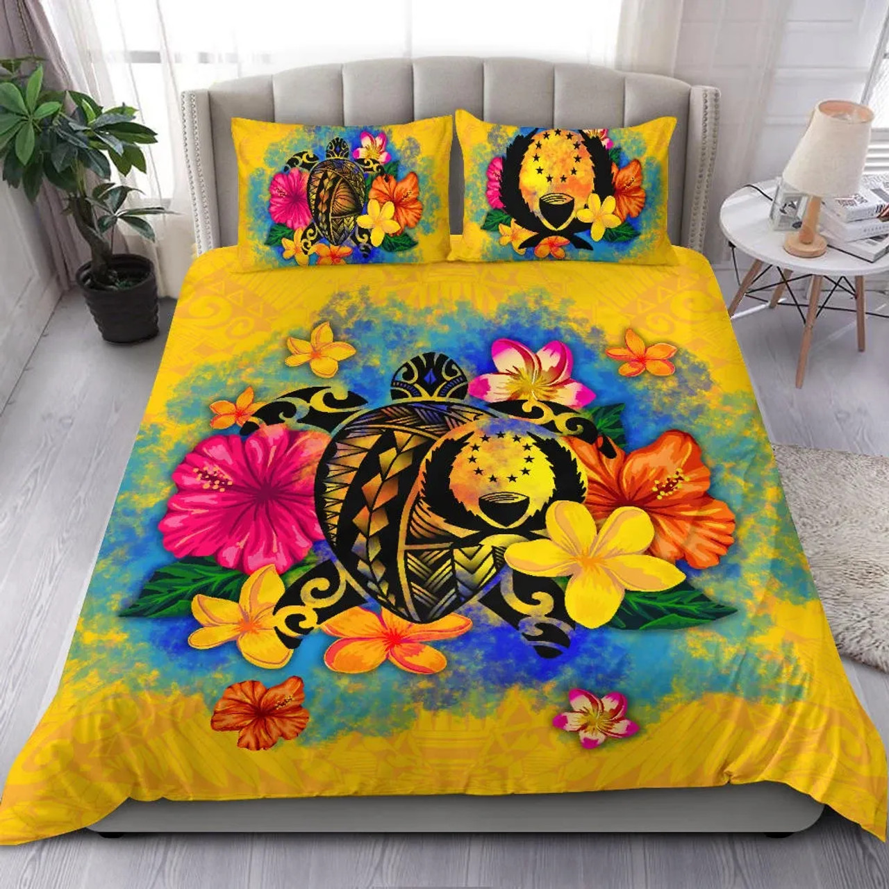 Pohnpei Polynesian Bedding Set Turtle With Plumeria And Hibiscus