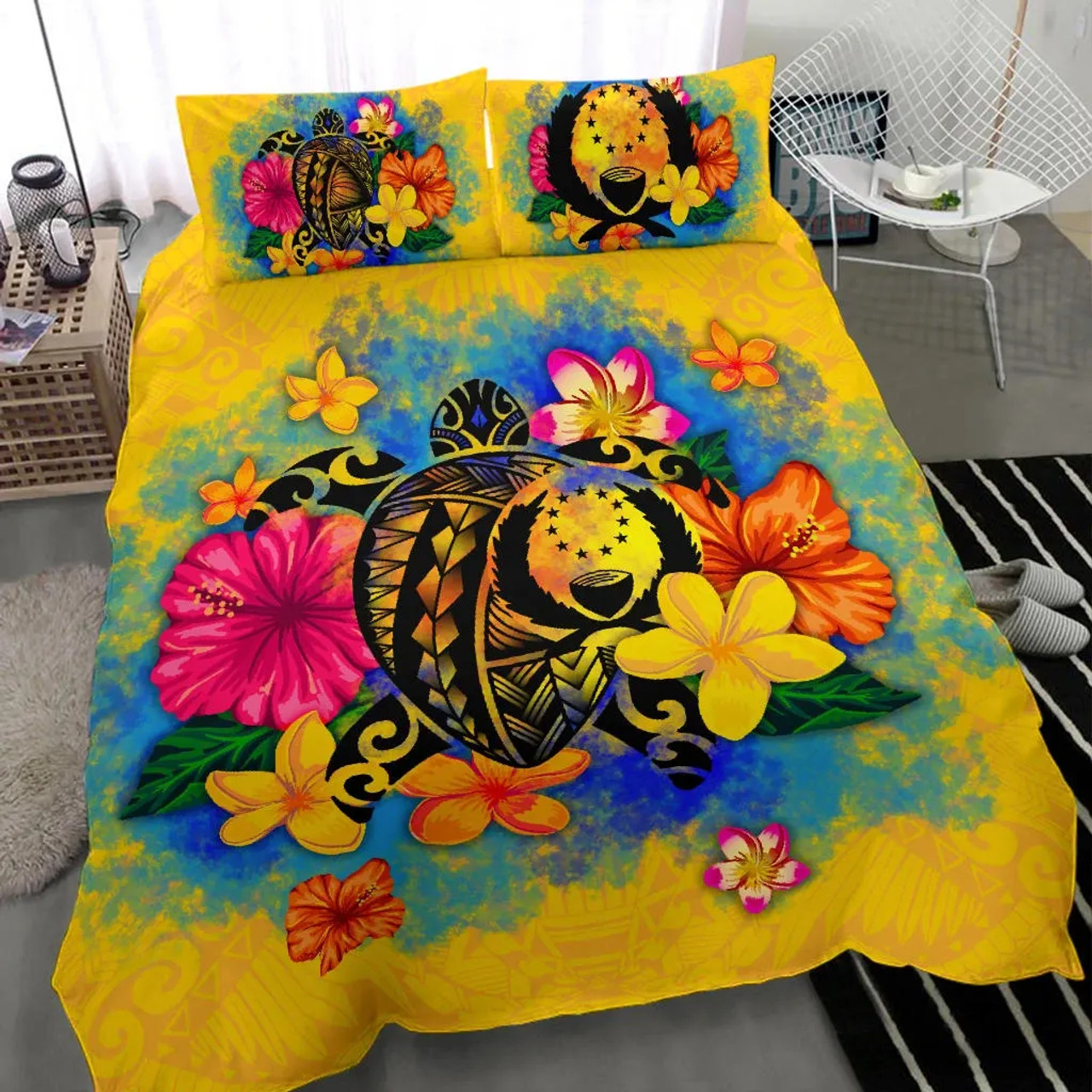 Pohnpei Polynesian Bedding Set Turtle With Plumeria And Hibiscus