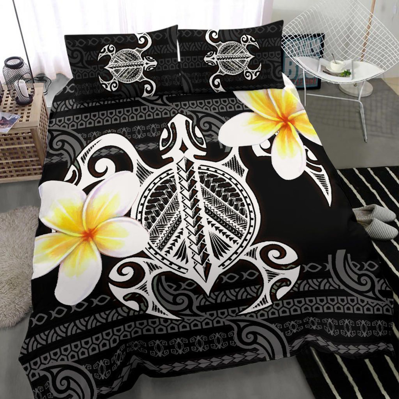 Hawaii Bedding Set Turtle Plumeria Flowers Polynesian Pattern