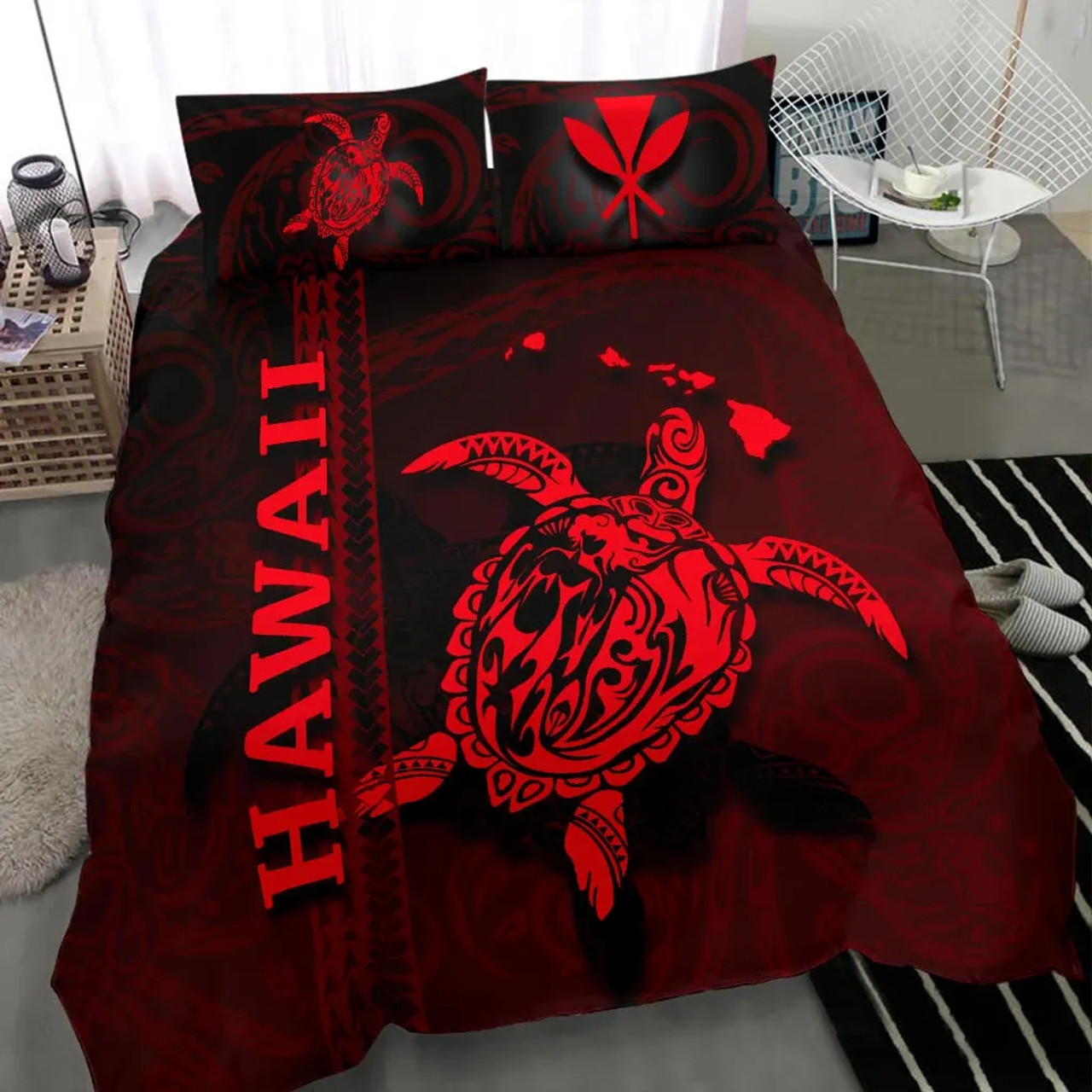 Polynesian Hawaii Duvet Cover Set Turtle Hawaiian Red