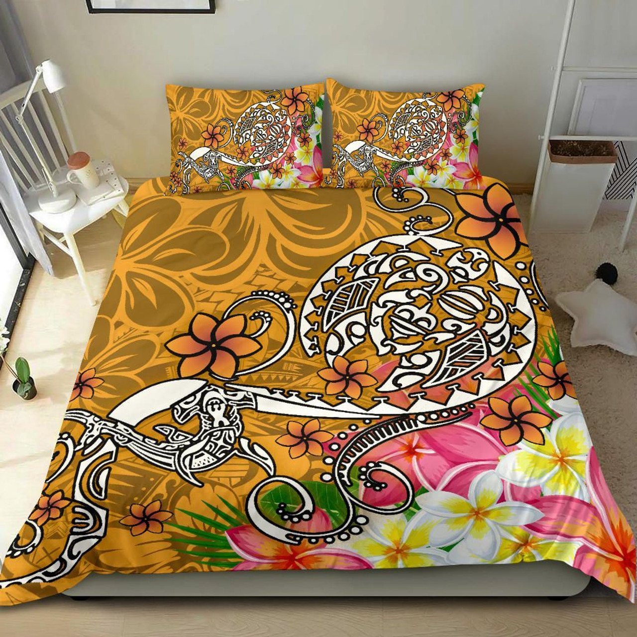Polynesian Bedding Set Turtle Plumeria Gold Color