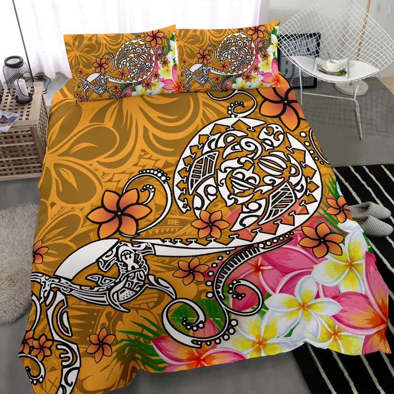 Polynesian Bedding Set Turtle Plumeria Gold Color