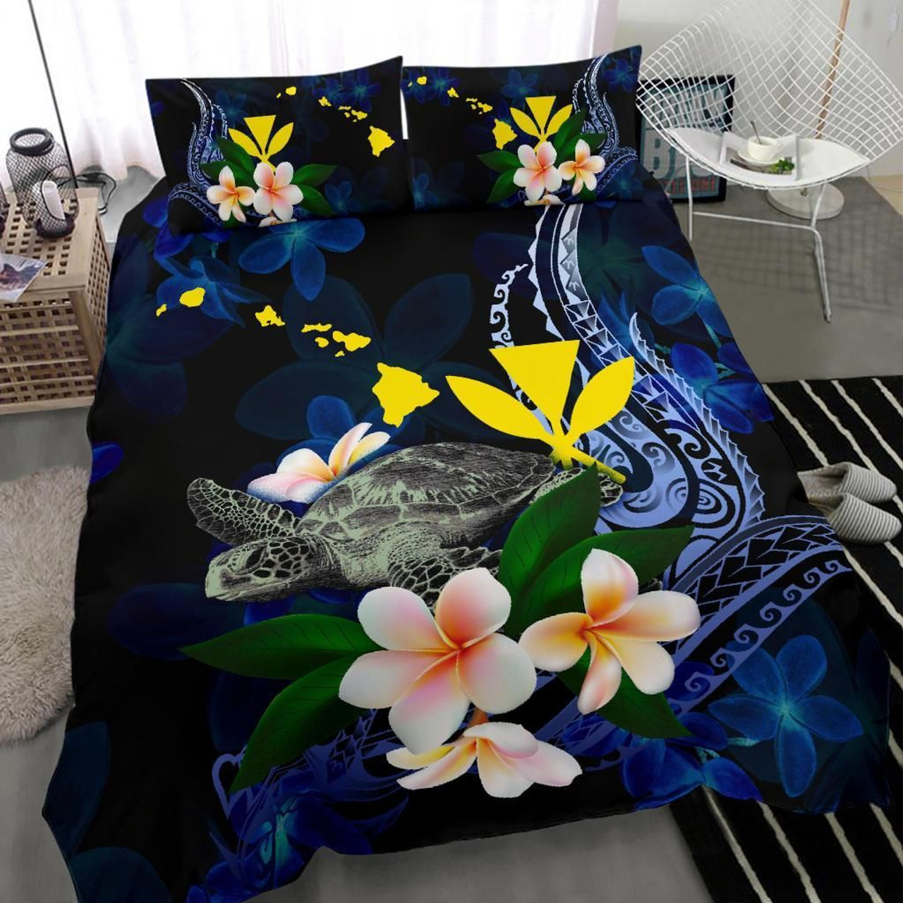 Polynesian Hawaii Bedding Set Turtle With Plumeria Flowers