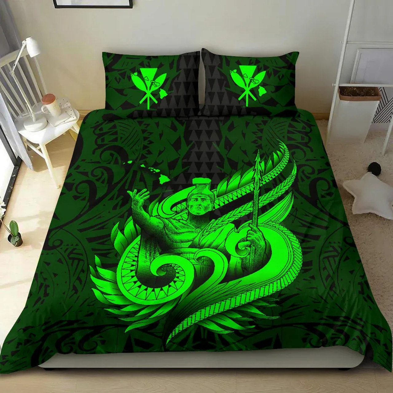 Polynesian Bedding Set Hawaii Duvet Cover Set Kamehameha King Green Color