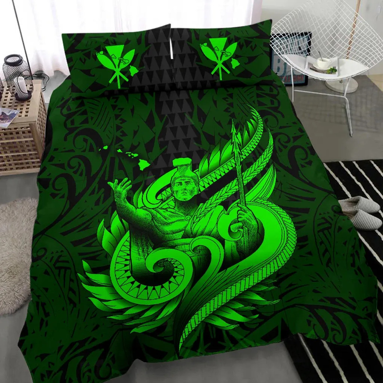 Polynesian Bedding Set Hawaii Duvet Cover Set Kamehameha King Green Color