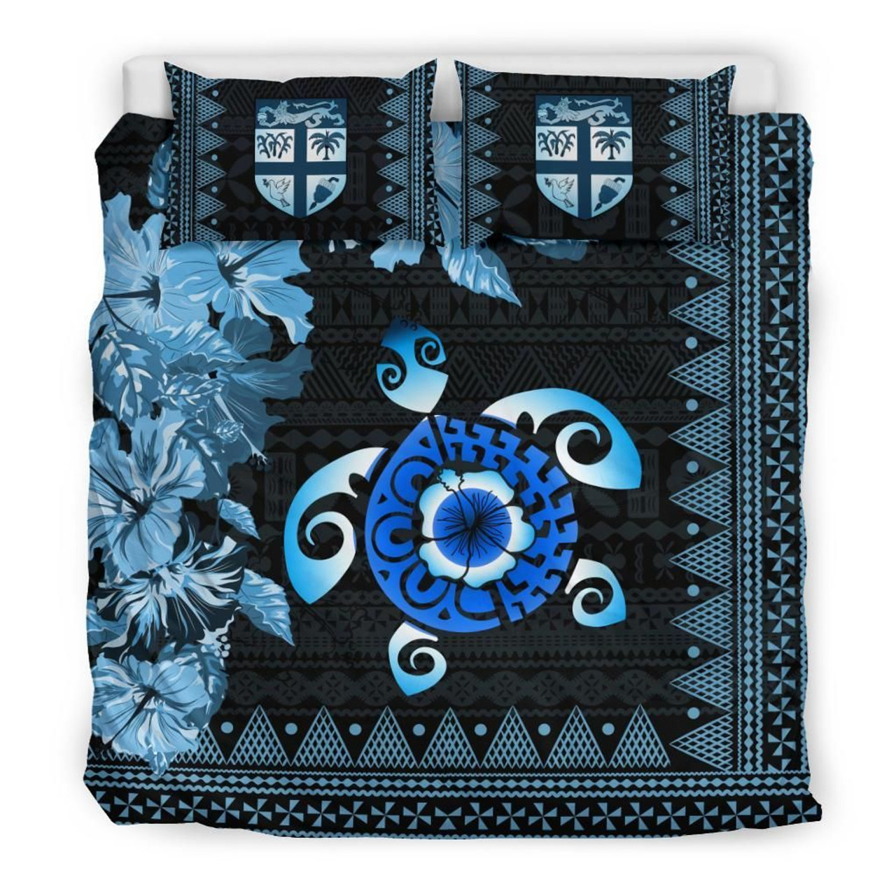 Polynesian Duvet Cover Set Fiji Bedding Set Tapa Turtle Hibiscus Blue