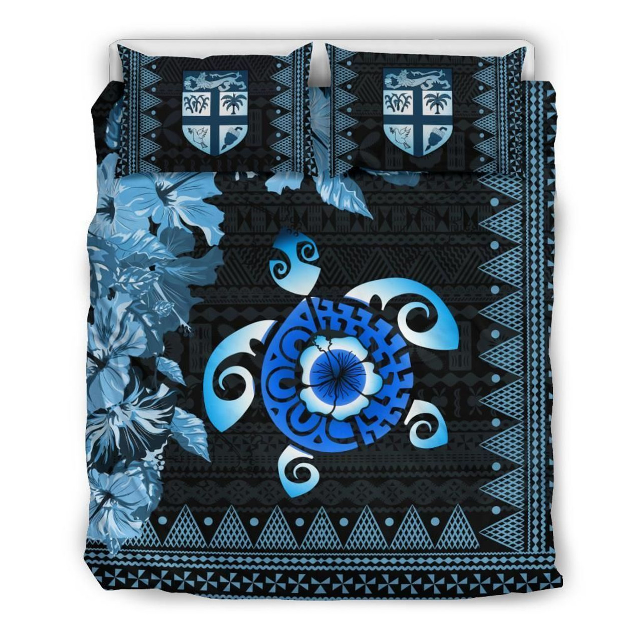 Polynesian Duvet Cover Set Fiji Bedding Set Tapa Turtle Hibiscus Blue