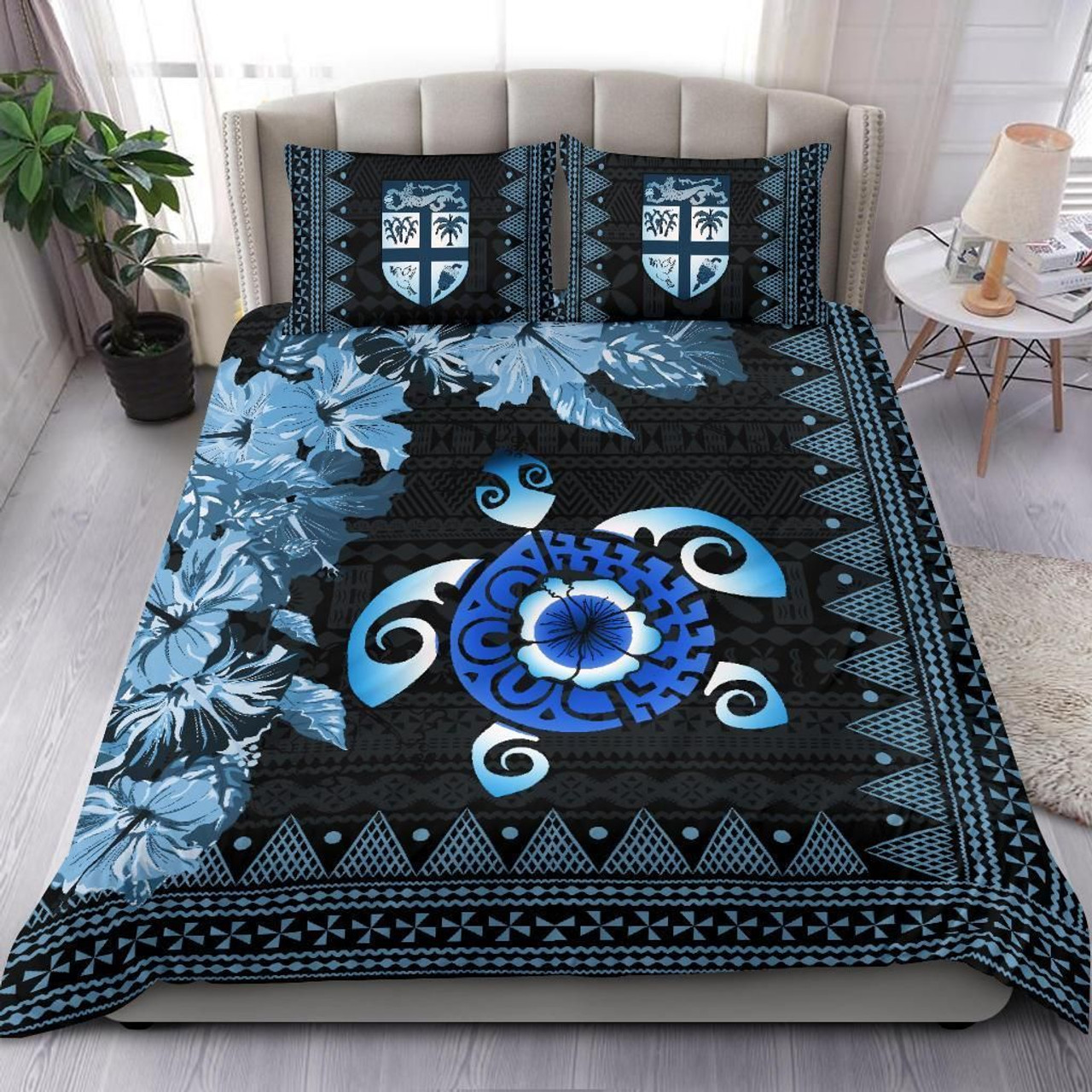 Polynesian Duvet Cover Set Fiji Bedding Set Tapa Turtle Hibiscus Blue