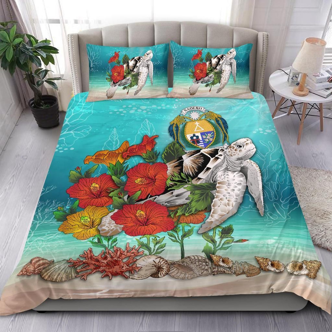 Polynesian Duvet Cover Set Nauru Bedding Set Ocean Turtle Hibiscus