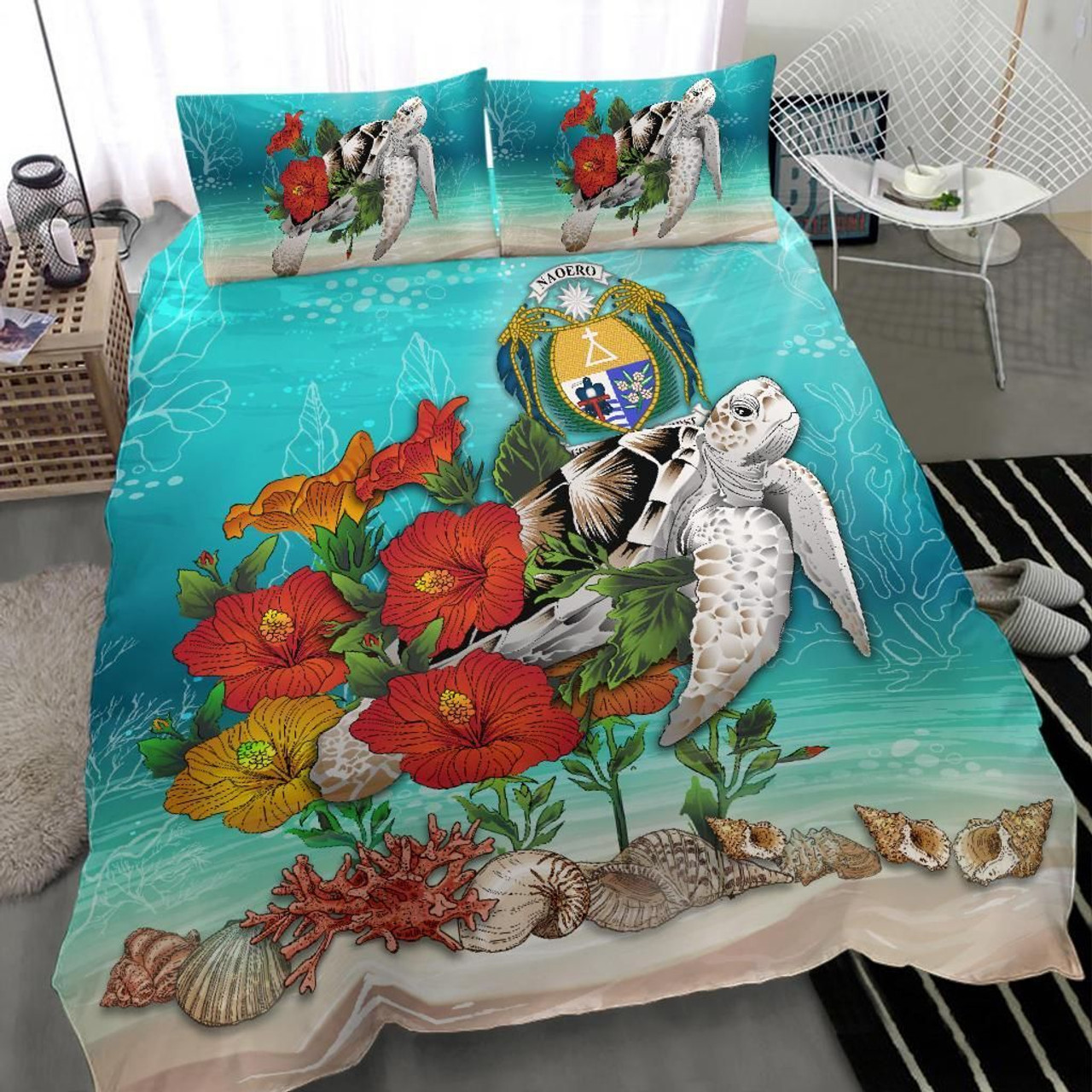 Polynesian Duvet Cover Set Nauru Bedding Set Ocean Turtle Hibiscus