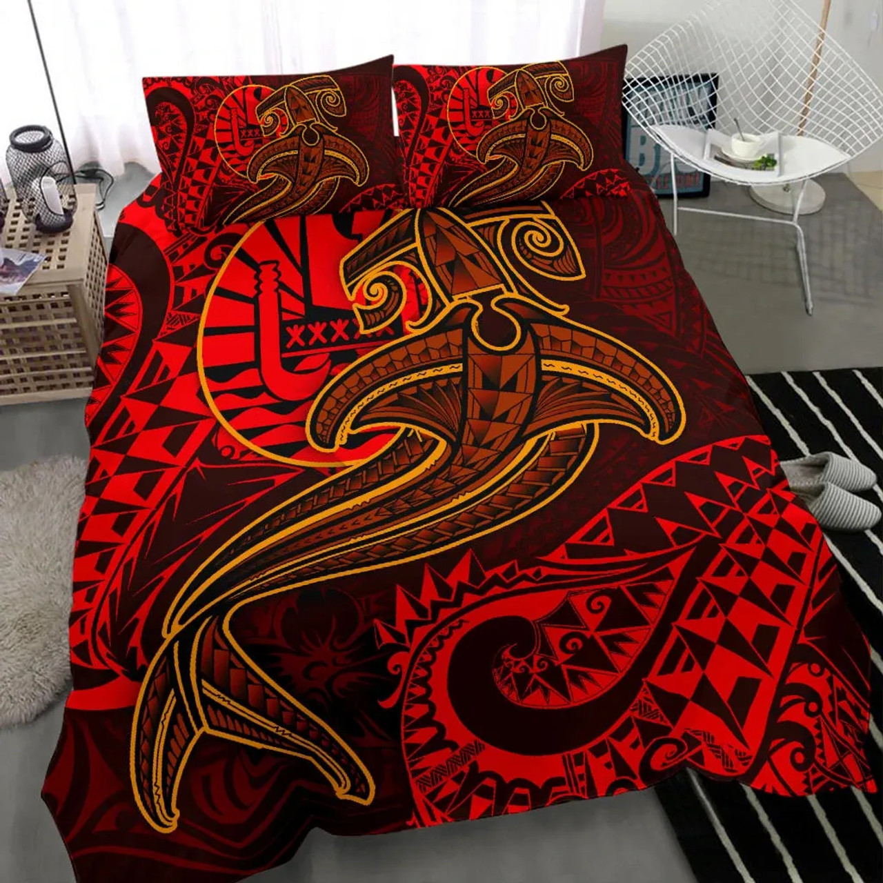 Tahiti Bedding Set Red Shark Polynesian Tattoo