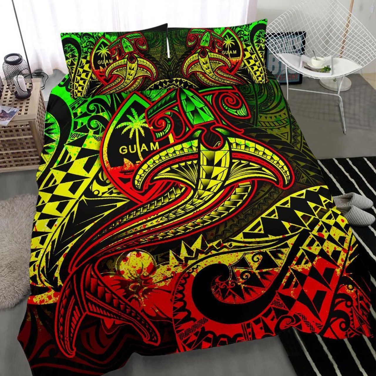 Guam Polynesian Bedding Set Reggae Shark Polynesian Tattoo